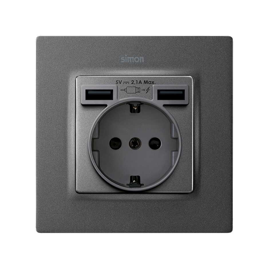 Cover for German socket outlet with 2 USB 2.1A Type A chargers graphite ...