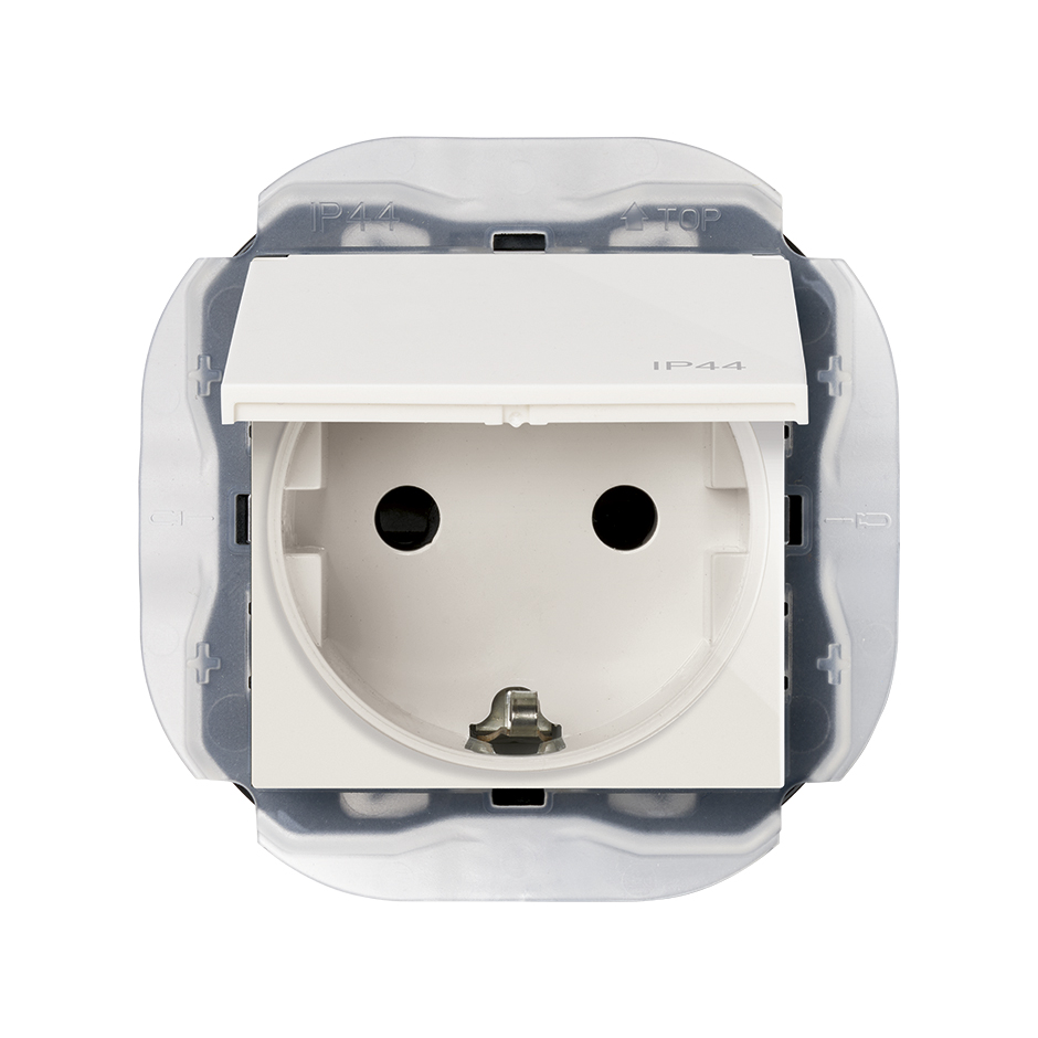 Base de enchufe Schuko 16A 250V~ embornornamiento a tornillo IP44 blanco Simon 270 | SIMON