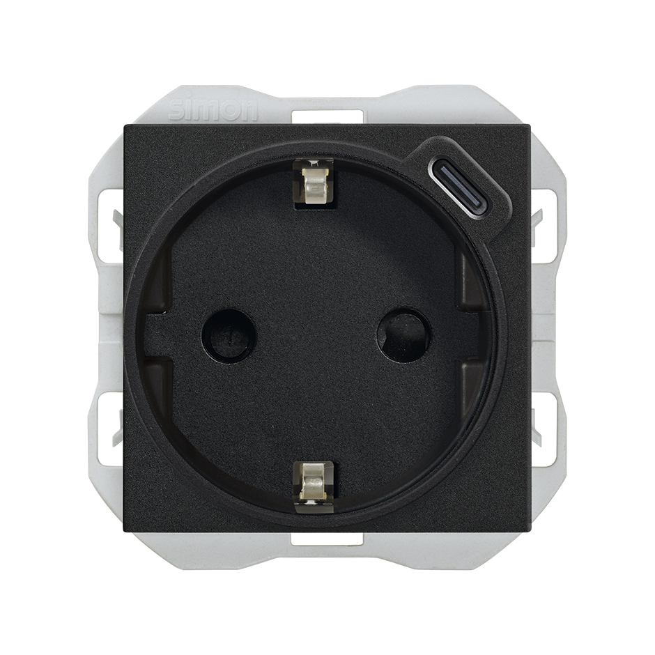 Tomada Schuko 16 A 250V~ com carregador USB C 10,5W preto mate Simon ...