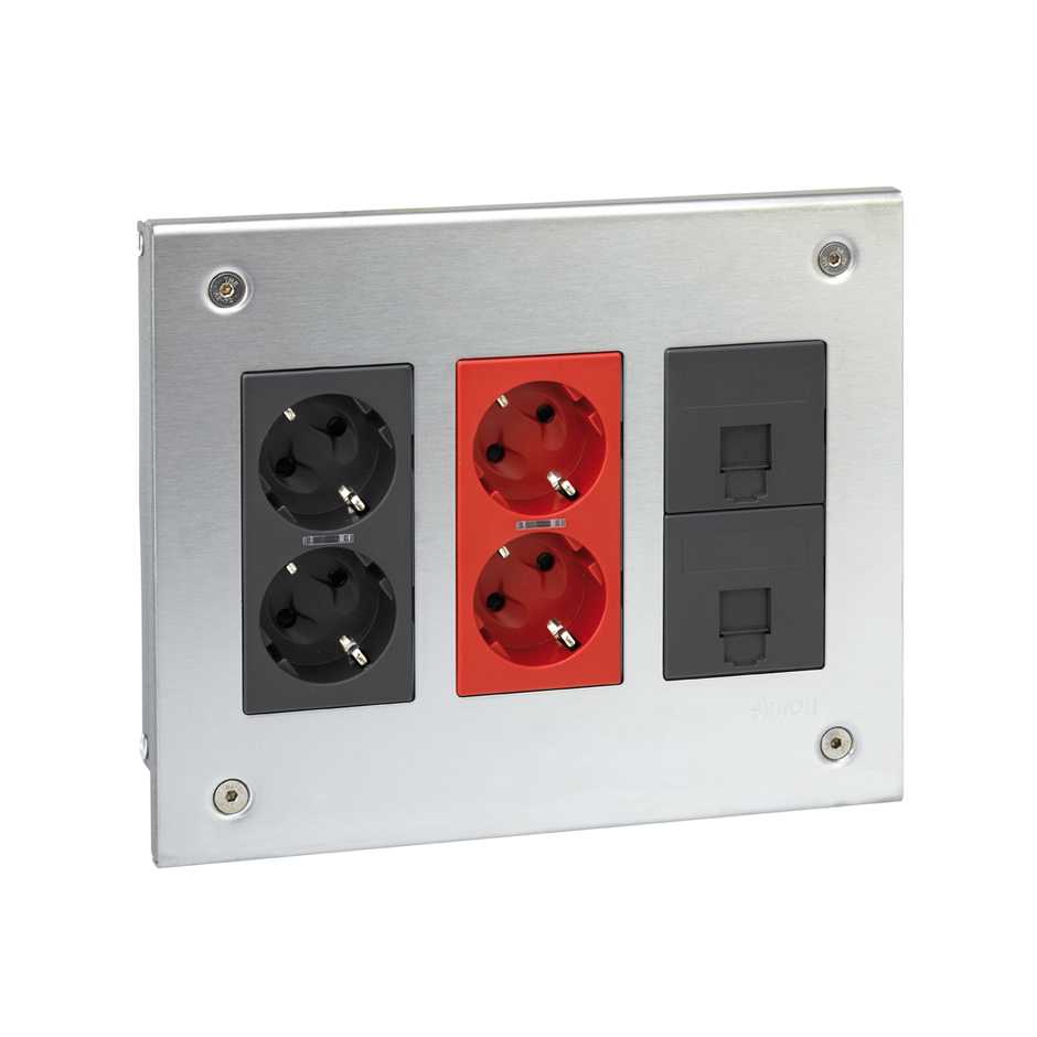 Kit caja metálica pared empotrar para 3 elementos dobles con 1 enchufe doble,1 SAI doble y 2 ...