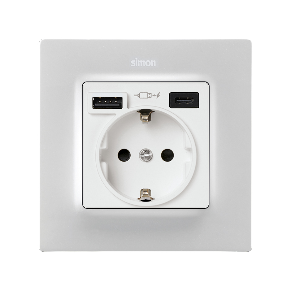 Base de enchufe schuko con doble cargador USB A + C 10,5W Simon 75 | SIMON