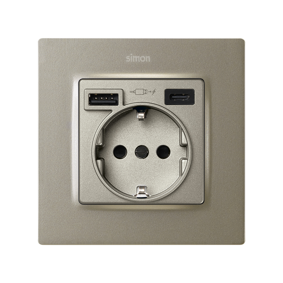 Tapa para la base de enchufe schuko con 2 cargadores USB A + C 10,5W cava Simon 82 Concept | SIMON