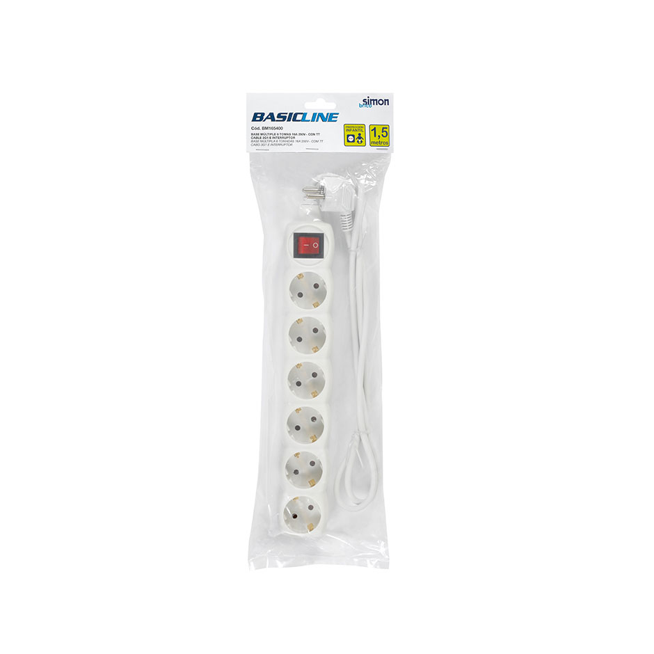 BASE MÚLTIPLE 6 TOMAS 16A 250V~ BLANCA CON INTERRUPTOR Y 1,5 METROS DE CABLE H05VV-F 3G1MM² ...