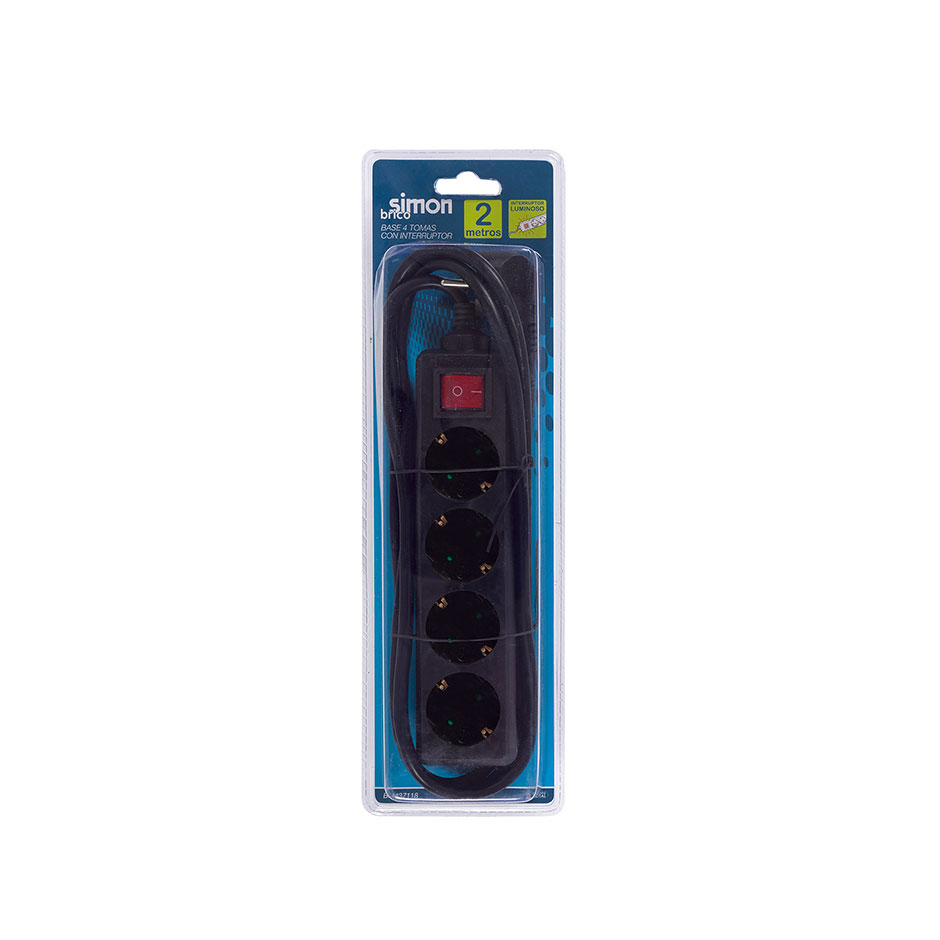 BASE MÚLTIPLE 4 TOMAS 16A 250V~ NEGRA CON INTERRUPTOR Y 2 METROS DE CABLE H05VV-F 3G1,5MM² Simon ...