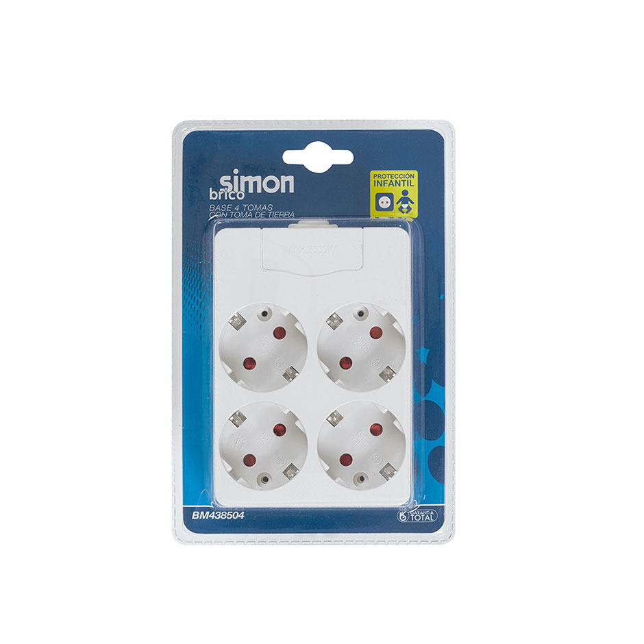 BASE MÚLTIPLE CUADRADA 4 TOMAS 16A 250V~ BLANCA SIN CABLE Simon Brico | SIMON