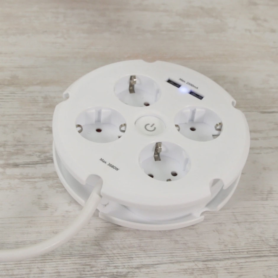 BASE MÚLTIPLE COMBI 4 TOMAS 16A 250V~ Y 2 PUERTOS USB 2,5A BLANCA CON 1,5 METROS DE CABLE H05VV ...