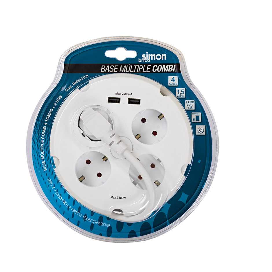 BASE MÚLTIPLE COMBI 4 TOMAS 16A 250V~ Y 2 PUERTOS USB 2,5A BLANCA CON 1,5 METROS DE CABLE H05VV ...