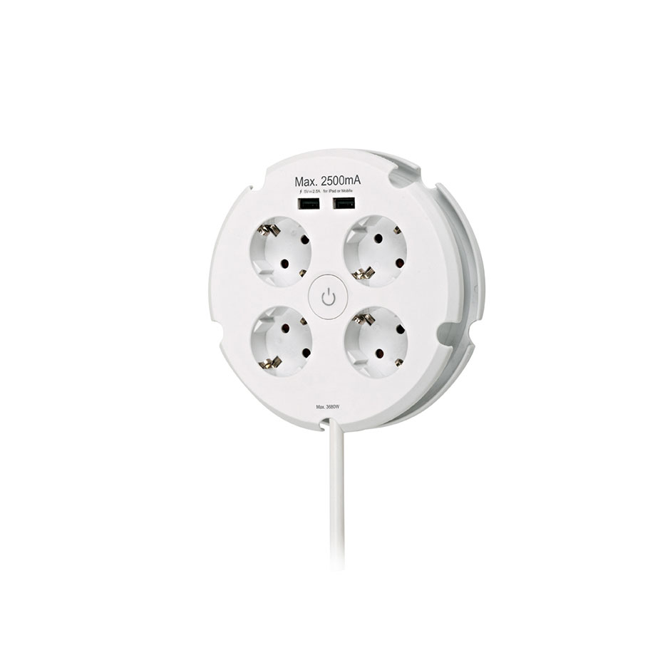 BASE MÚLTIPLE COMBI 4 TOMAS 16A 250V~ Y 2 PUERTOS USB 2,5A BLANCA CON 1,5 METROS DE CABLE H05VV ...