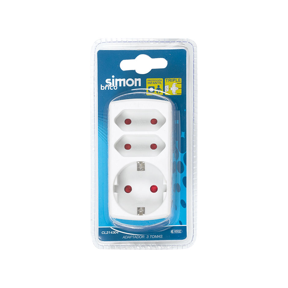 ADAPTADOR 2 TOMAS FRONTAL 10A + 1 TOMA 16A 250V BLANCO SIMON BRICO | SIMON