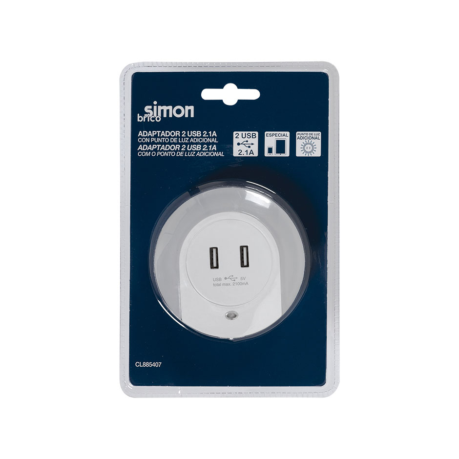 ADAPTADOR 2 PUERTOS USB 2,1A BLANCO CON PUNTO DE LUZ ADICIONAL Simon Brico | SIMON