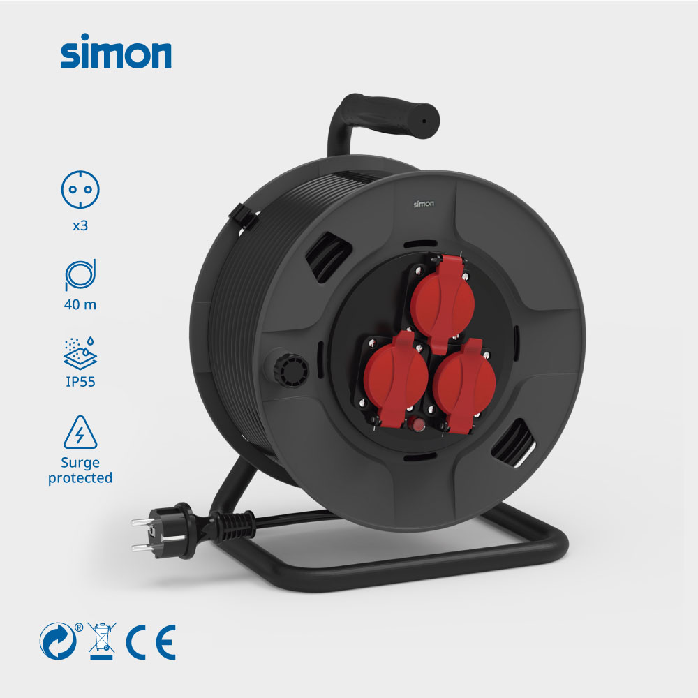 EXTENSIBLE PROFESIONAL 40 METROS H05RR-F 3G1,5MM2 3 TOMAS 16A 250~ NEGRO/ROJO SIMON | SIMON