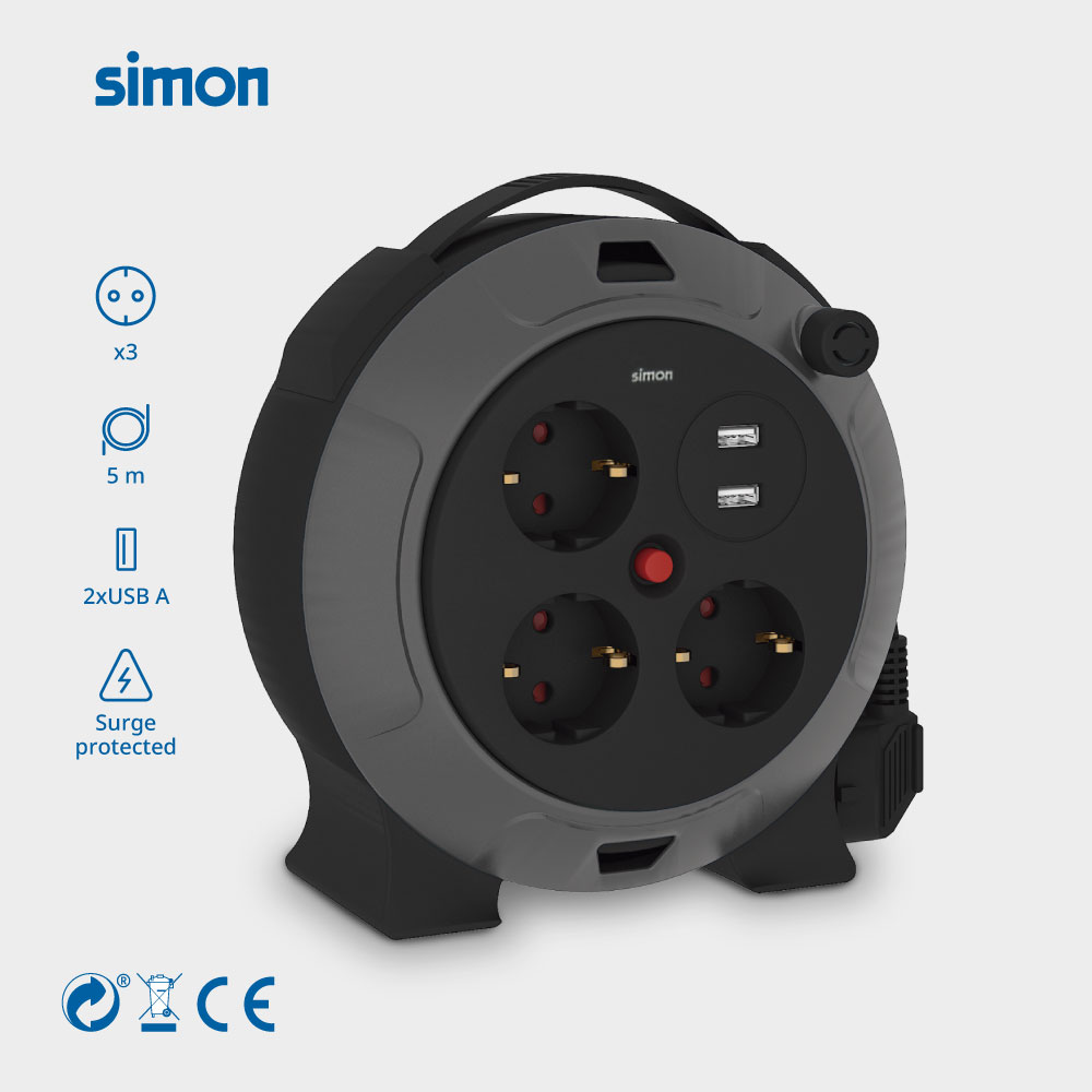 EXTENSIBLE CON USB 5 METROS H05VV-F 3G1,5MM2 3 TOMAS 2 PUERTOS 16A 250~ NEGRO/GRIS Simon | SIMON