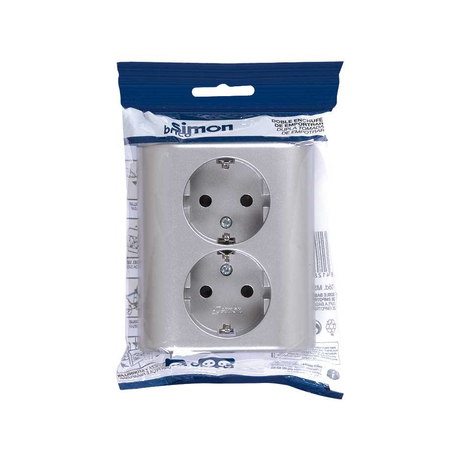 BASE ENCHUFE SCHUKO DOBLE MONOBLOC 16A 250V EMPOTRABLE ALUMINIO SIMON BRICO | SIMON