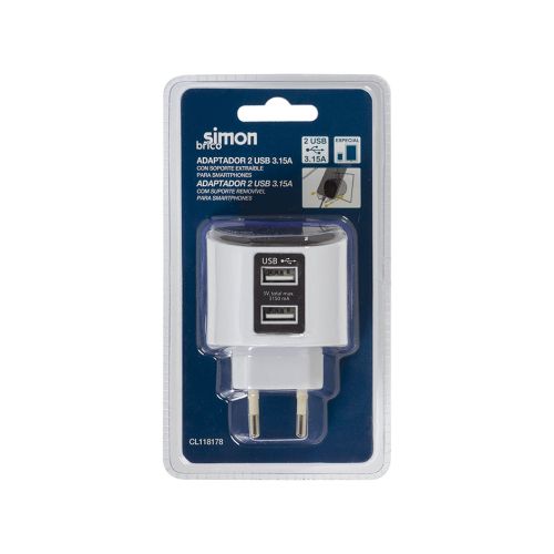 ADAPTADOR 2 PUERTOS USB 3,15A BLANCO/NEGRO CON SOPORTE EXTRAÍBLE PARA SMARTPHONES Simon Brico ...
