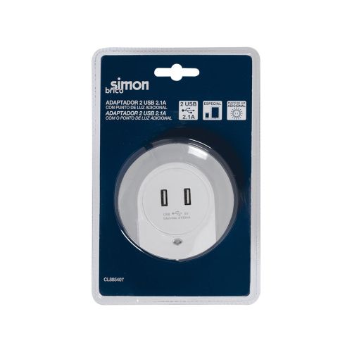 ADAPTADOR 2 PUERTOS USB 2,1A BLANCO CON PUNTO DE LUZ ADICIONAL Simon Brico | SIMON